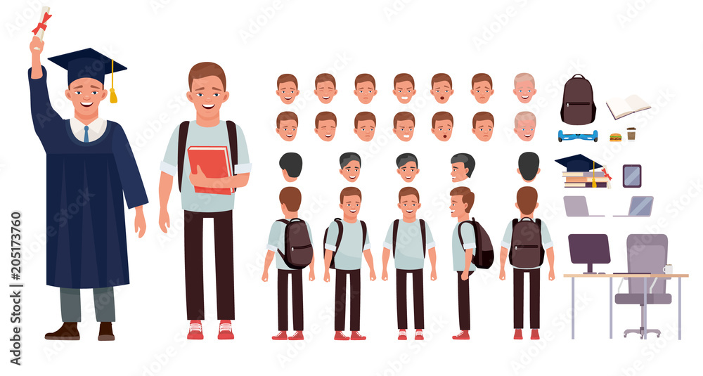 Young student. Character creation set. Full length, different views ...