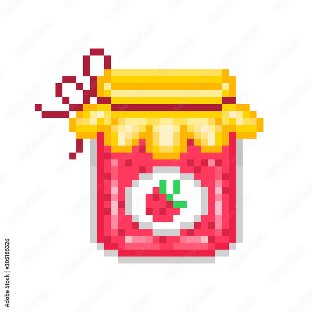 Homemade strawberry jam in a glass jar, pixel art icon isolated on ...