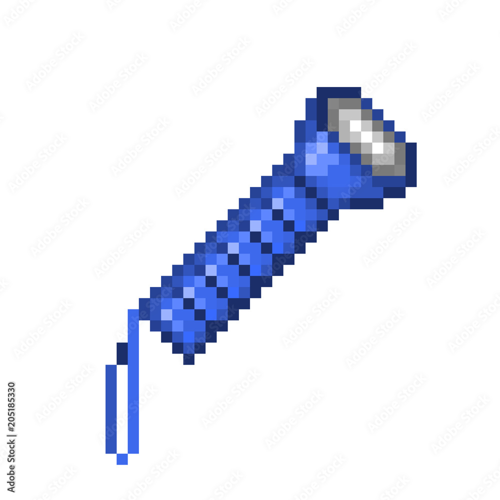 Blue plastic pocket flashlight, pixel art icon isolated on white ...
