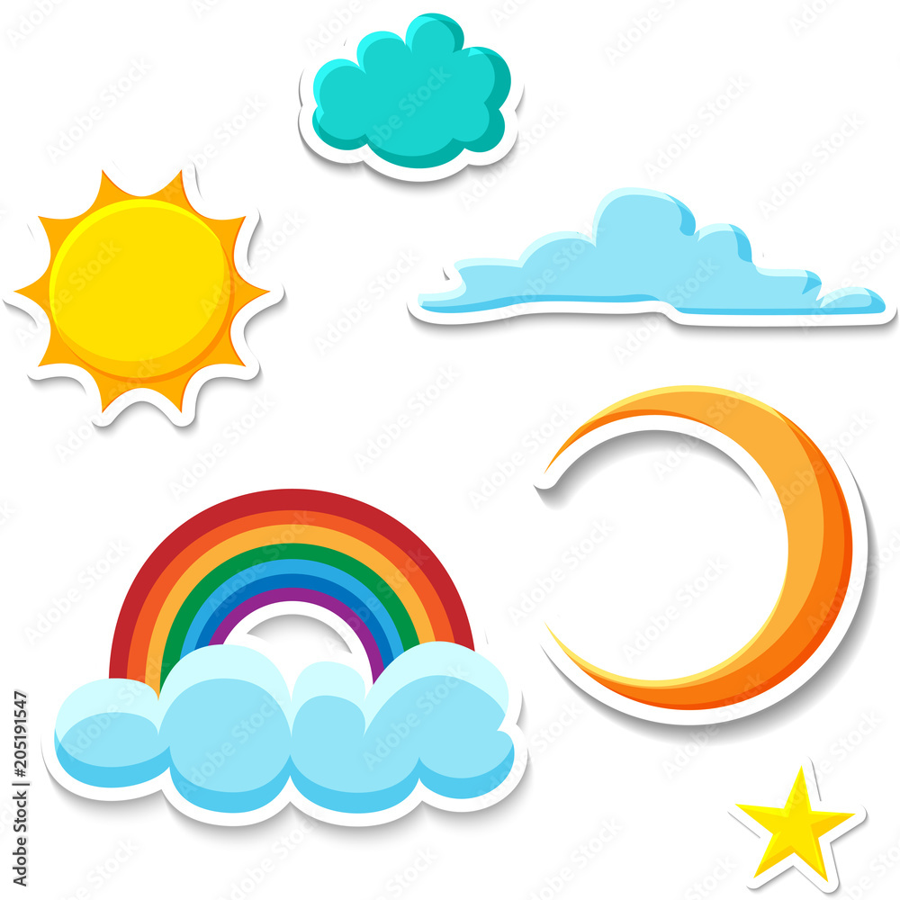 Sun, moon, star, clouds, rainbow stickers isolated on white. Stock ...