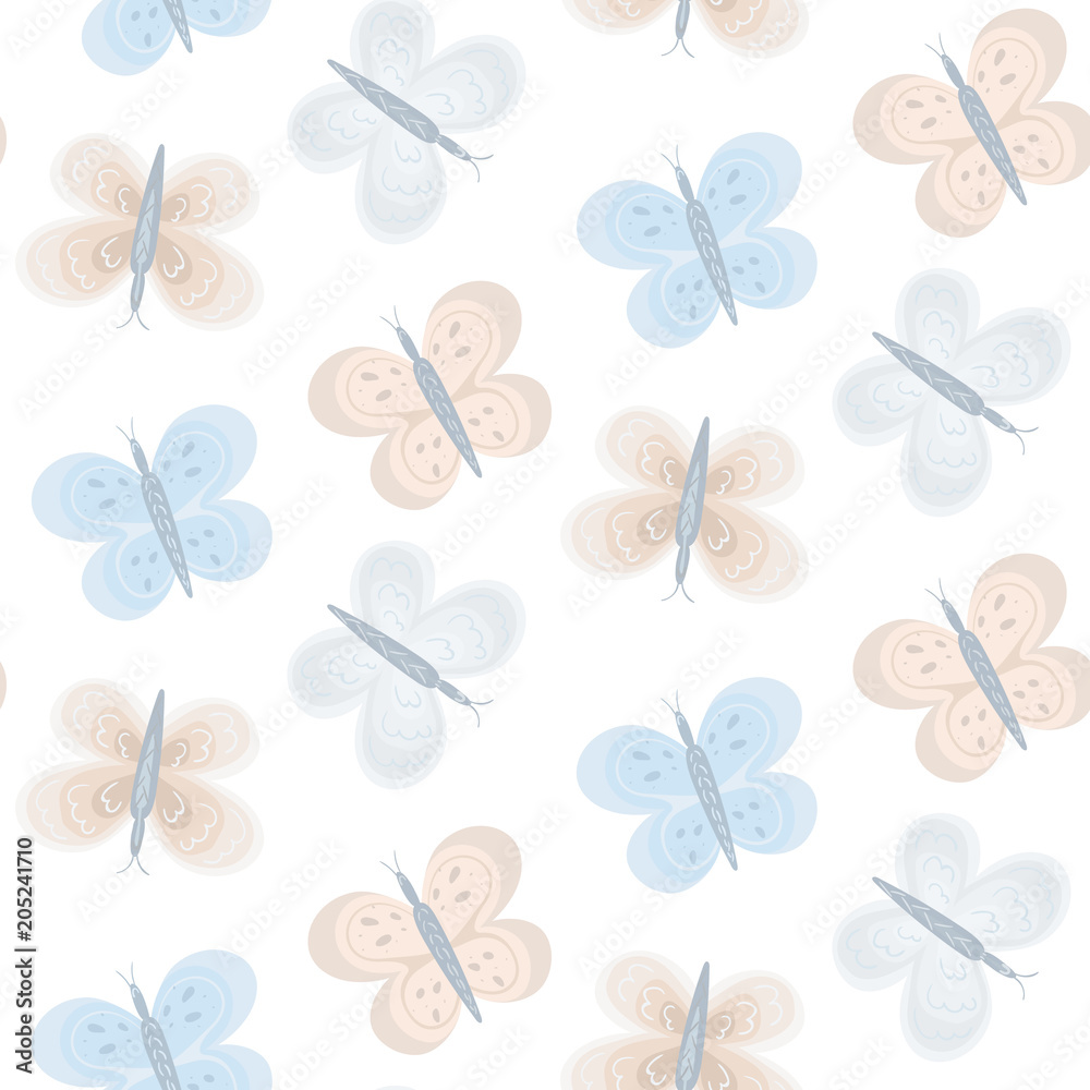 Tender seamless pattern with cute blue and pink butterflies. Gentle ...