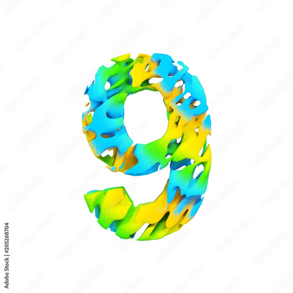 Alphabet number 9. Liquid font made of blue, green and yellow splash ...