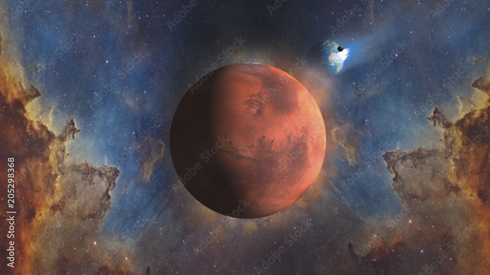 Ilustrace Mars, The red planet. In the back side World and moon. Orion ...