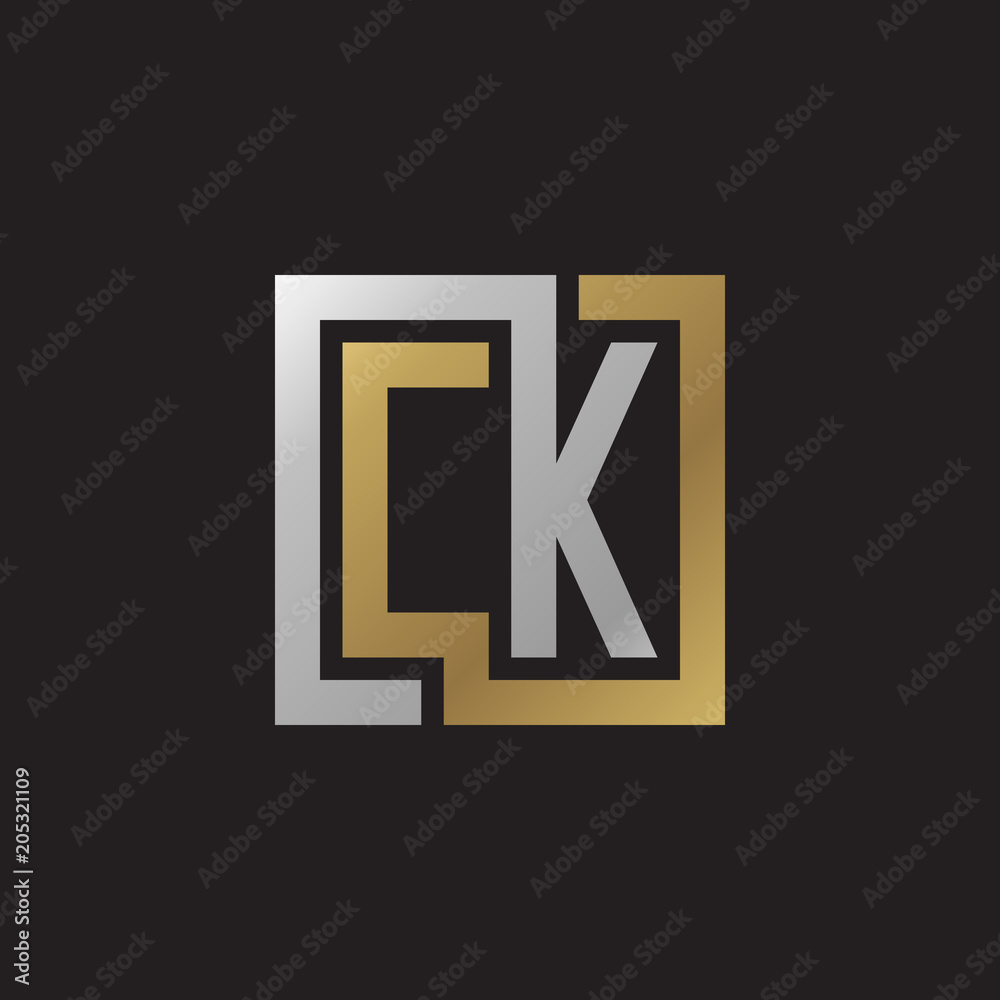 Initial letter CK, looping line, square shape logo, silver gold color ...