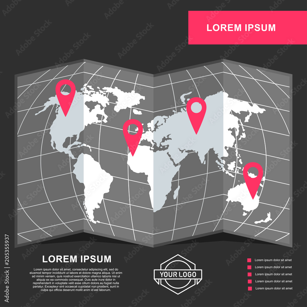 Dark banner template with world map with color location pin. Flat ...