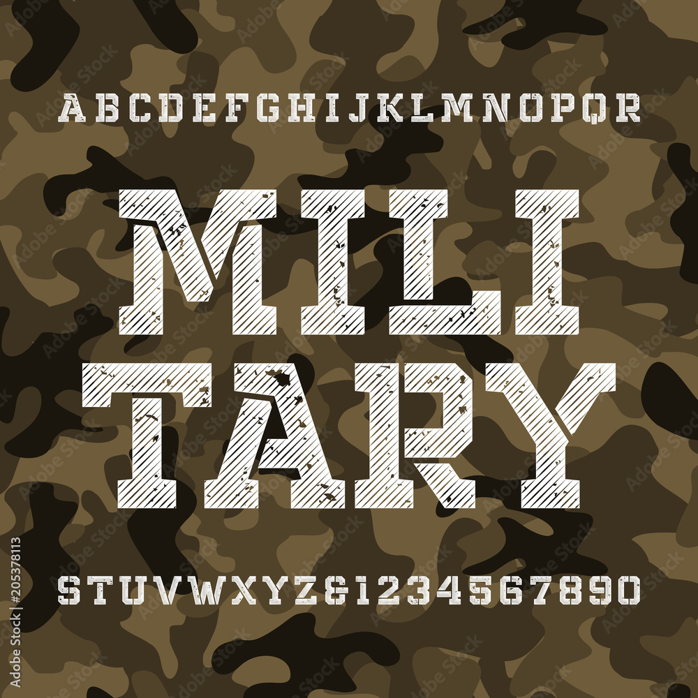 Military stencil alphabet font. Distressed type letters and numbers on ...