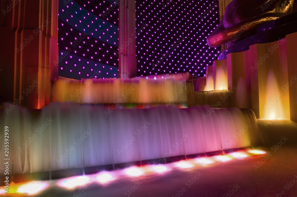 The MGM Hotel water fountains light up along the Las Vegas Strip in a ...