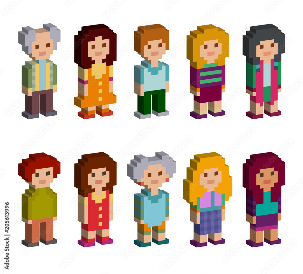 Pixel art style cartoon isometric characters. Men and women are ...
