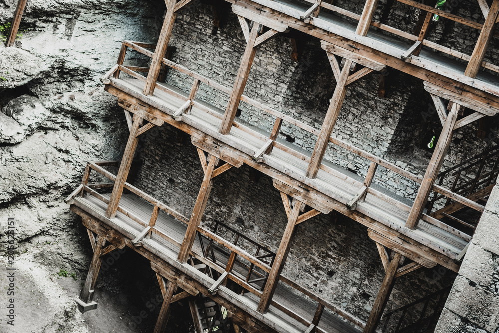 Concrete stairs, stone stairs. Ruins of a medieval castle. Old castle ...