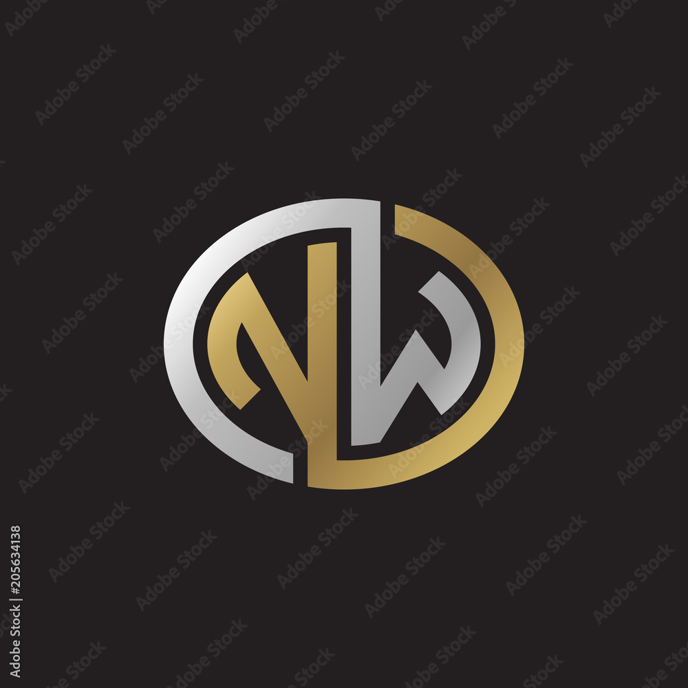 Initial letter NW, looping line, ellipse shape logo, silver gold color ...