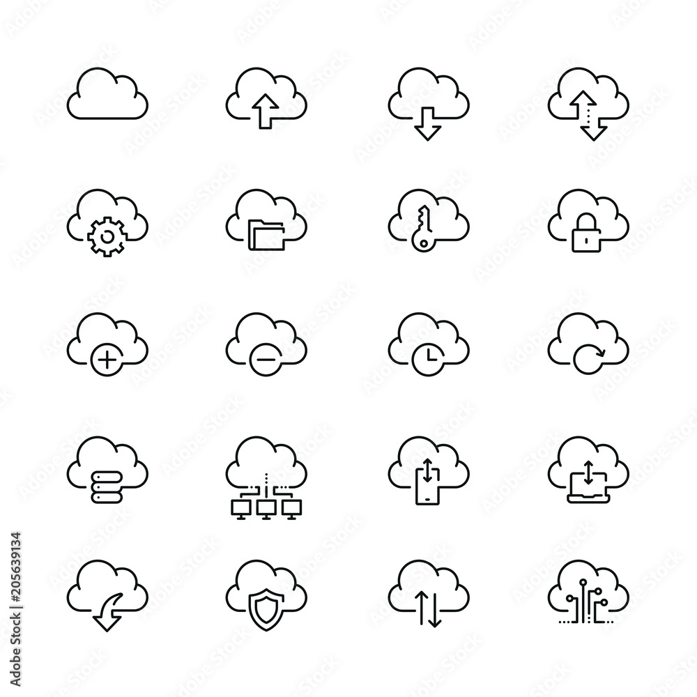 Computer cloud related icons: thin vector icon set, black and white kit ...