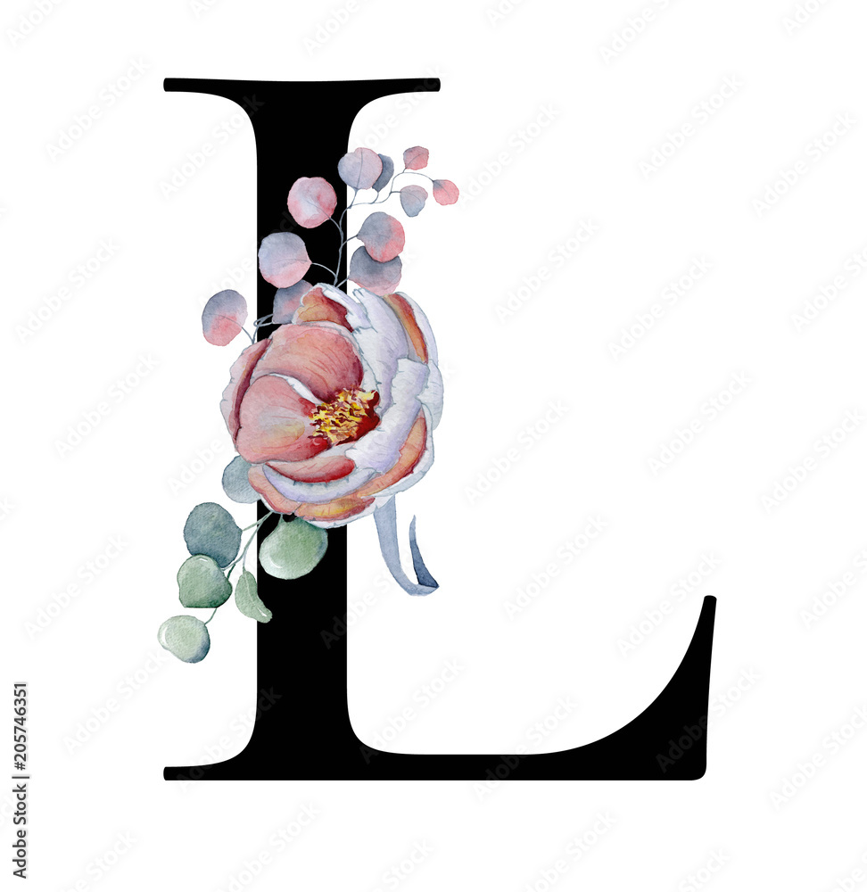 Floral watercolor alphabet. Monogram initial letter L design with hand ...