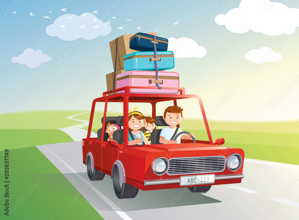 Family road trip. travel by car with kids. Vector, illustration. Stock ...
