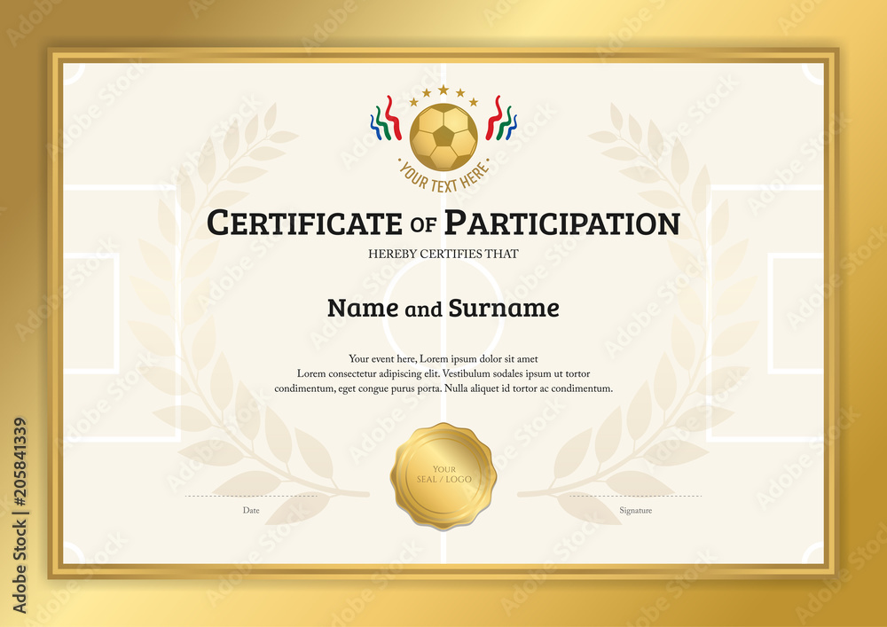 Certificate template in football sport theme with gold border frame ...