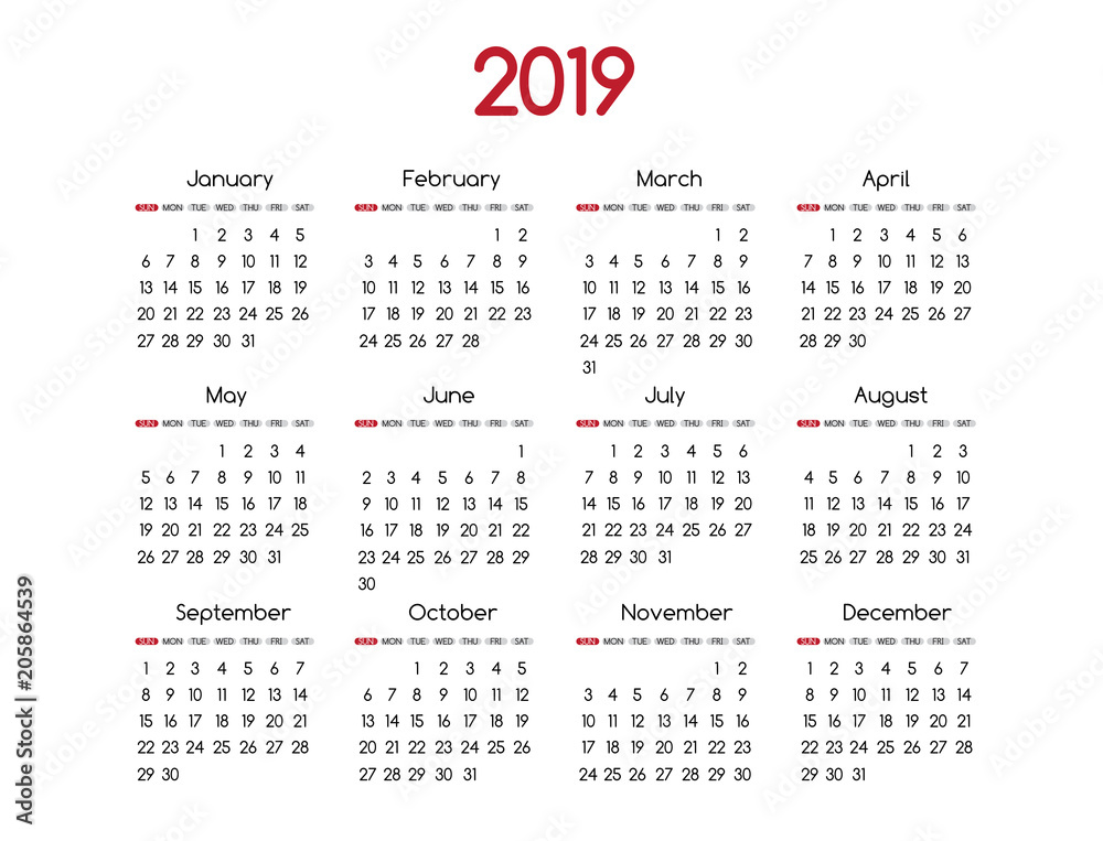 2019 new year vector calendar modern simple design with round san serif ...