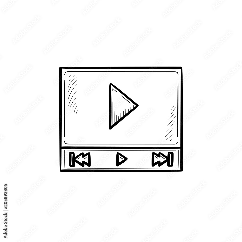 Video player interface with play button hand drawn outline doodle icon ...