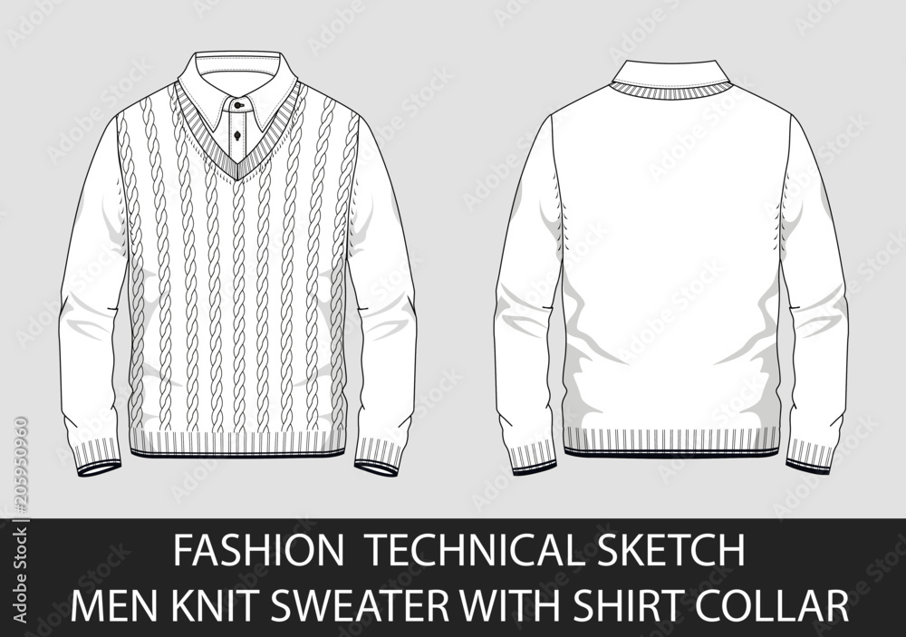 Fashion technical sketch men knit sweater with shirt collar in vector ...