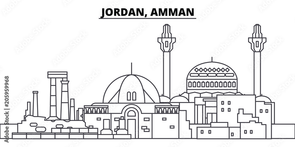 Jordan, Amman line skyline vector illustration. Jordan, Amman linear ...