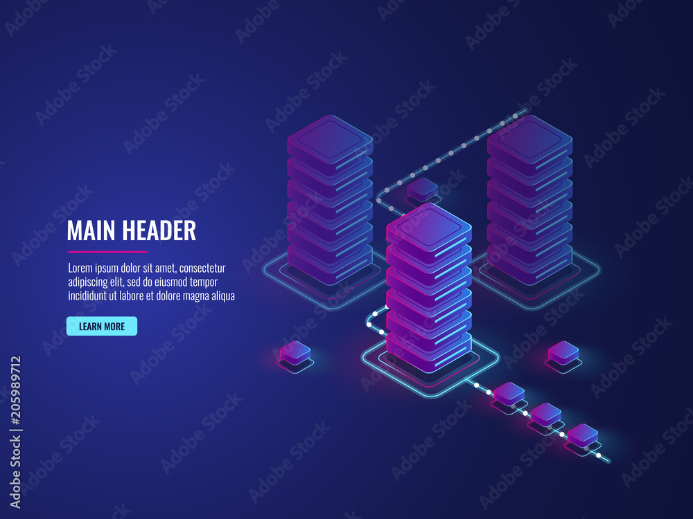 Isometric data flow processing, data protection and encryption process, server room, data center ...