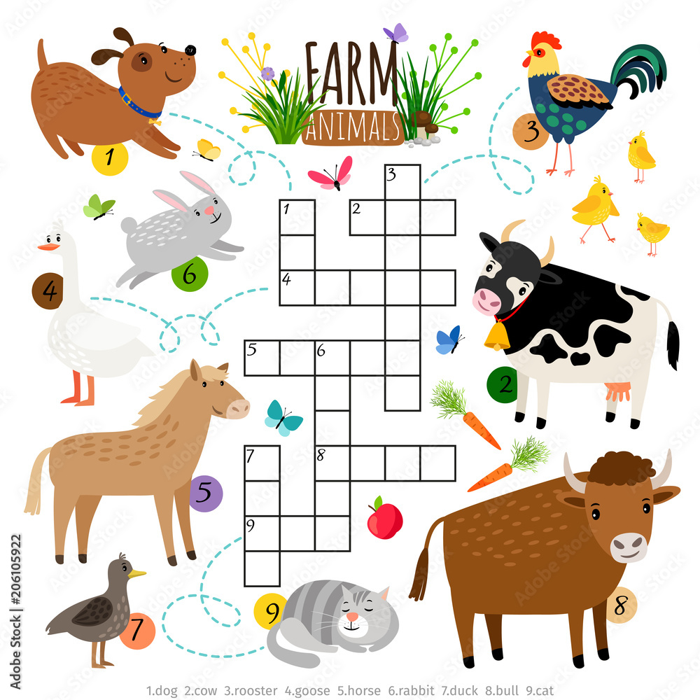 Farm animals crossword. Kids crossing word search puzzle game with cat ...