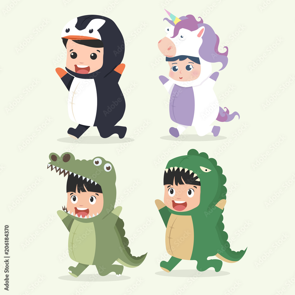 Set of cartoon little kid characters in Animals costumes Stock Vector ...
