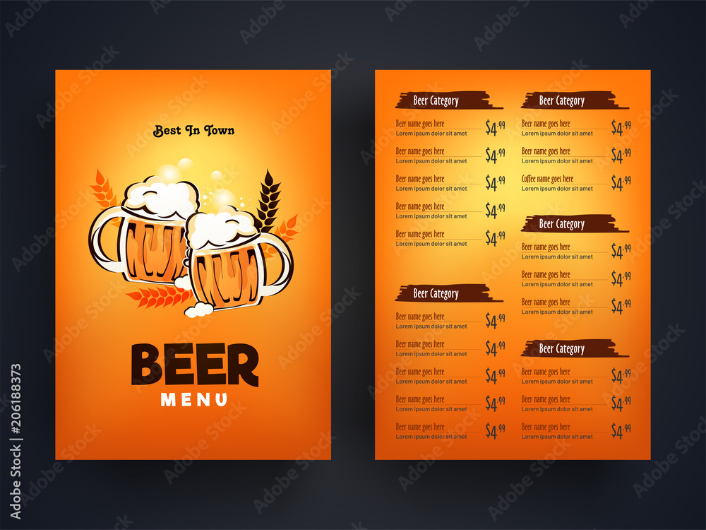 Beer pub menu card design, Beverage menu card template. Stock Vector ...