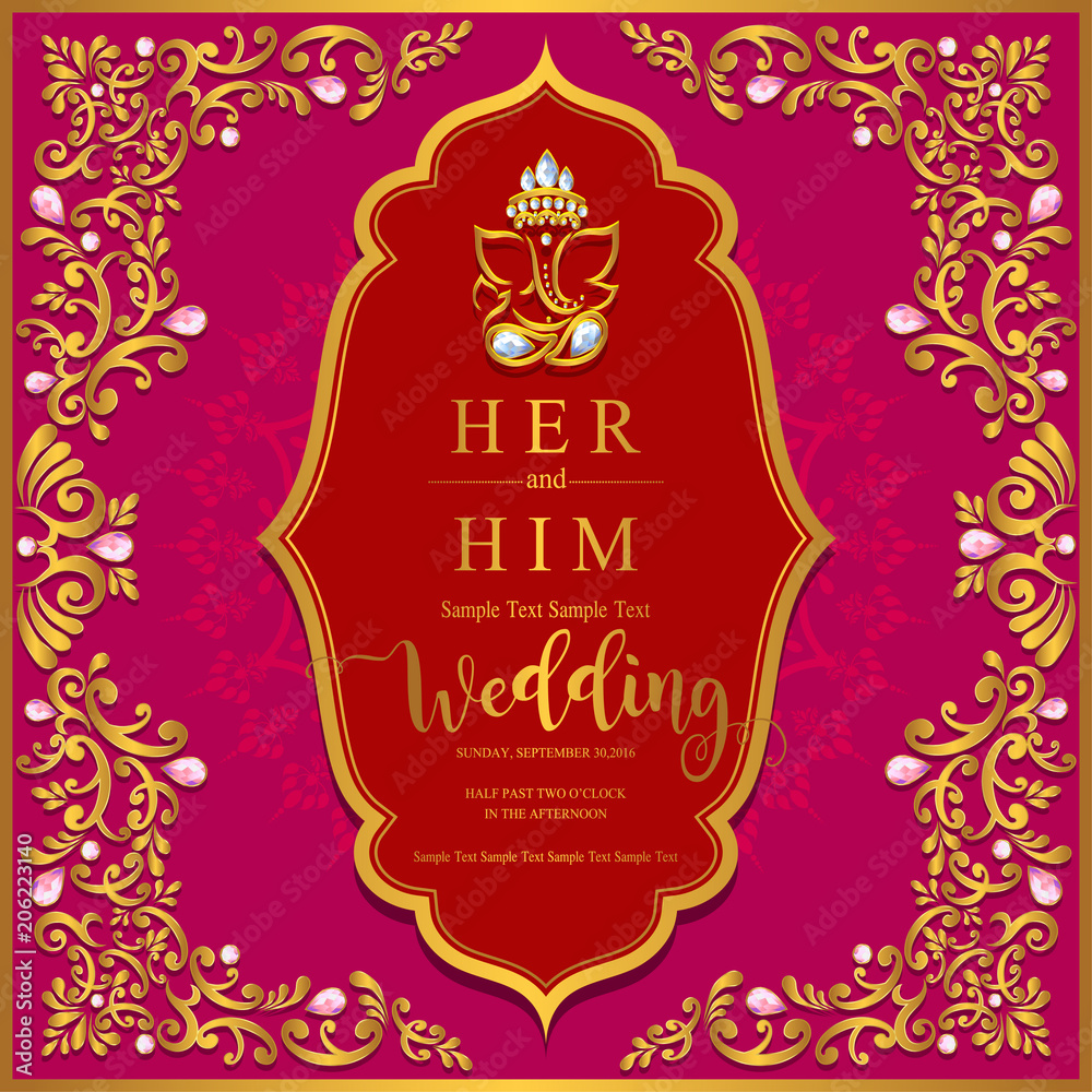 Indian wedding Invitation card templates with gold patterned and ...