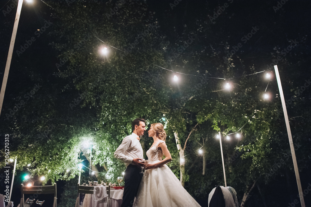 Beautiful newlyweds stand, holding hands, at a wedding party with lamps ...