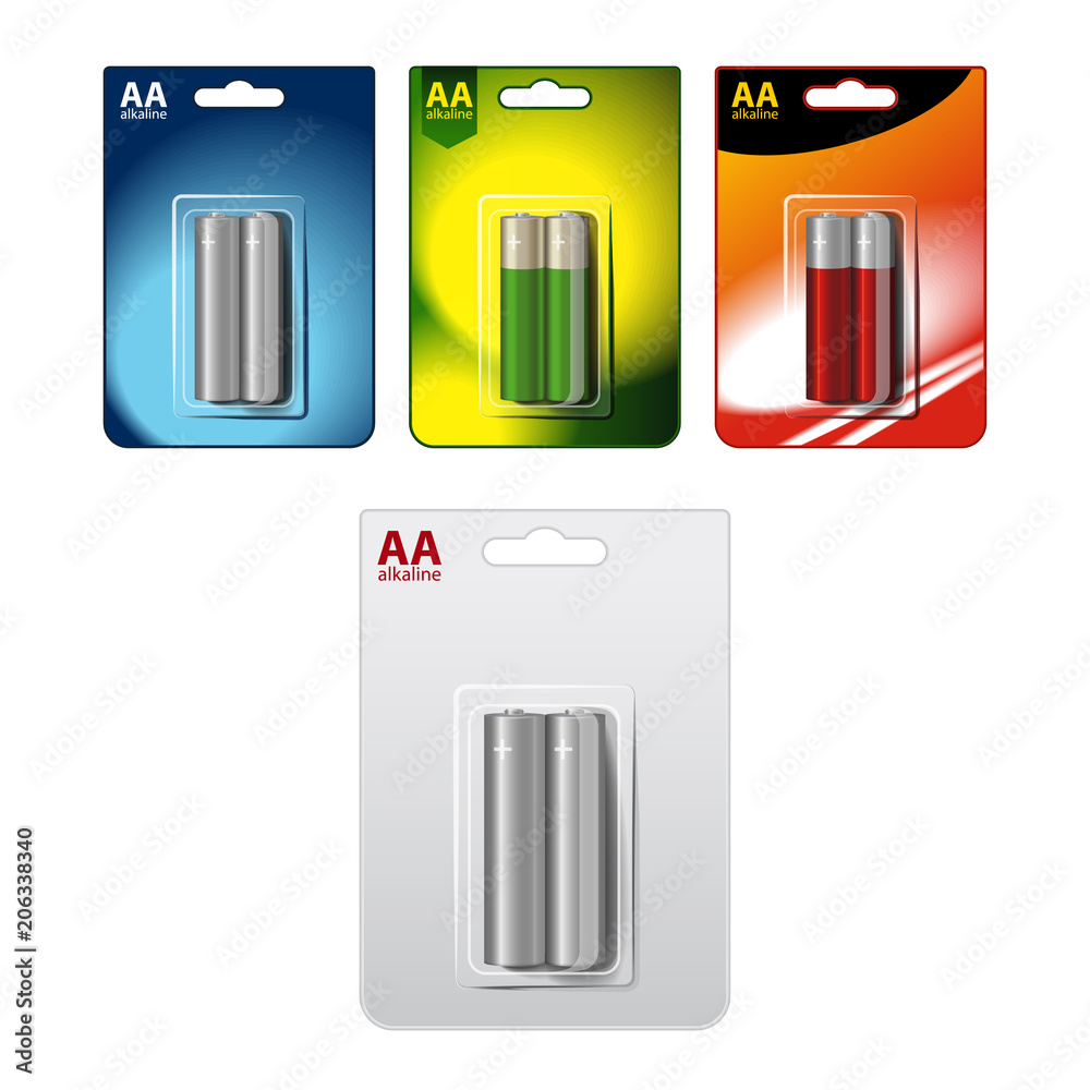 Set of Vector Glossy Alkaline AA Batteries in Blister. Packed for your ...