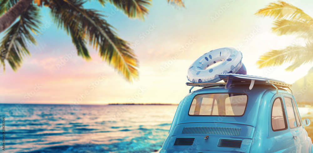 Start summertime vacation with an old car on the beach. 3D Rendering ...