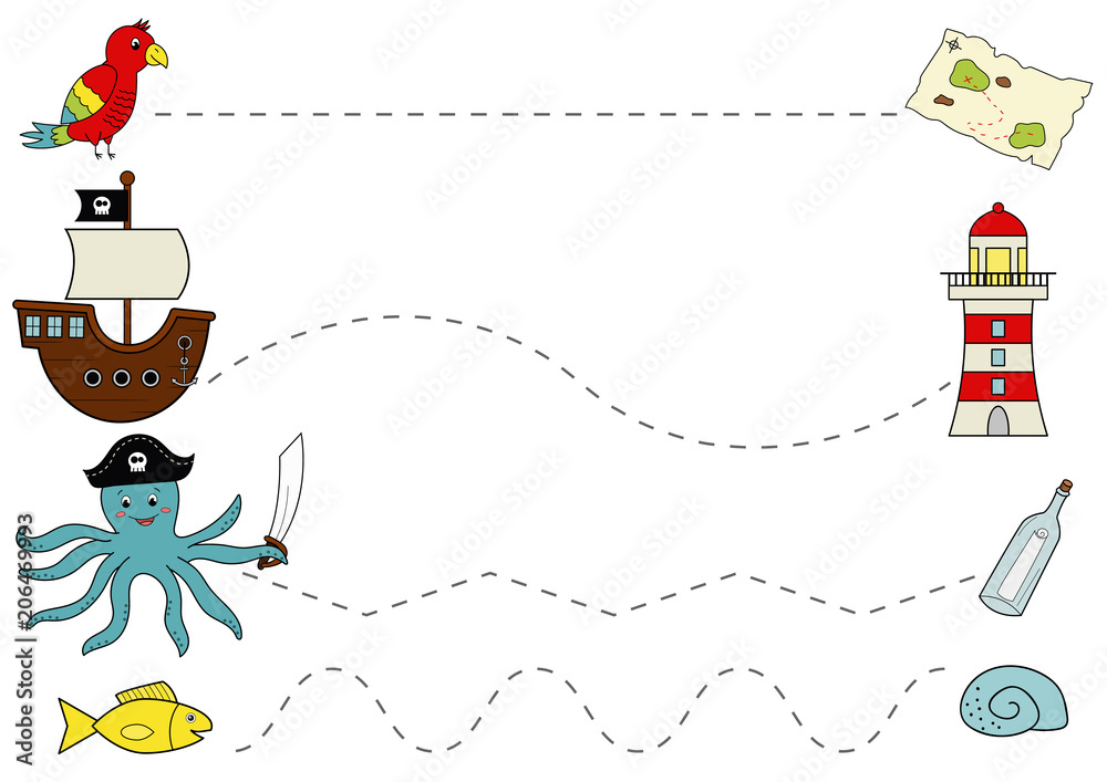 Preschool pirate worksheet for practicing fine motor skills, tracing ...