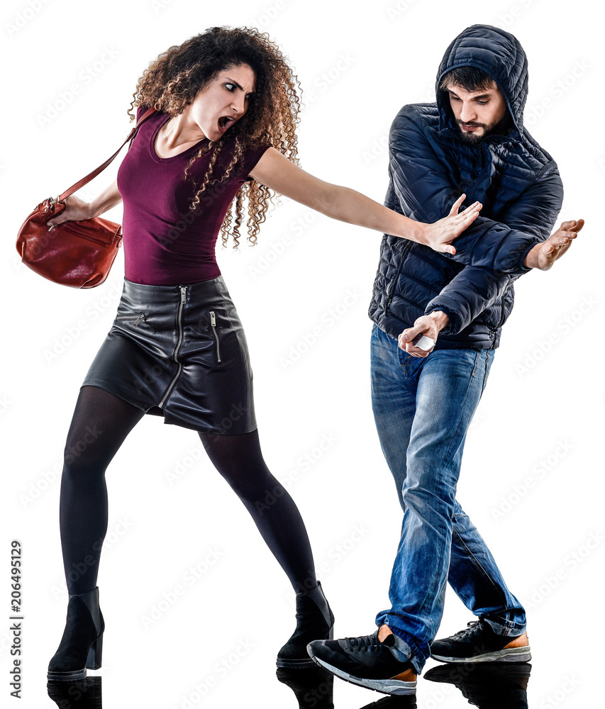 one caucasian woman victim of a thief aggression self defense isolated ...