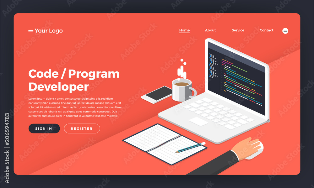Mock-up design website flat design concept coding and programming developer. Vector illustration ...