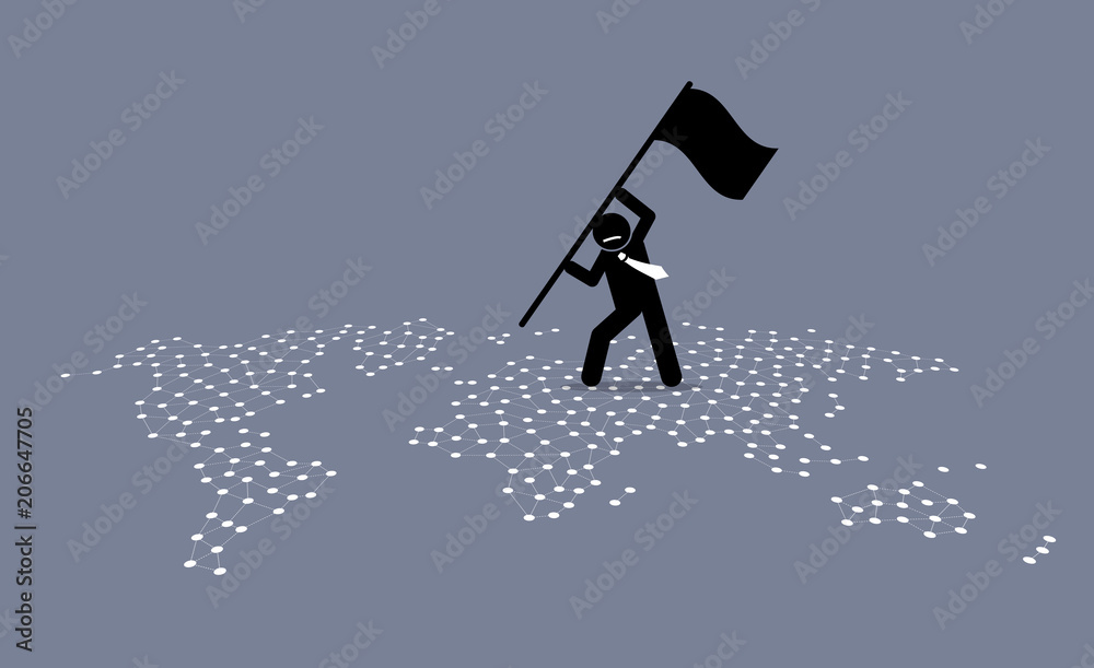 A businessman putting a flag and standing on top of Europe of a world ...