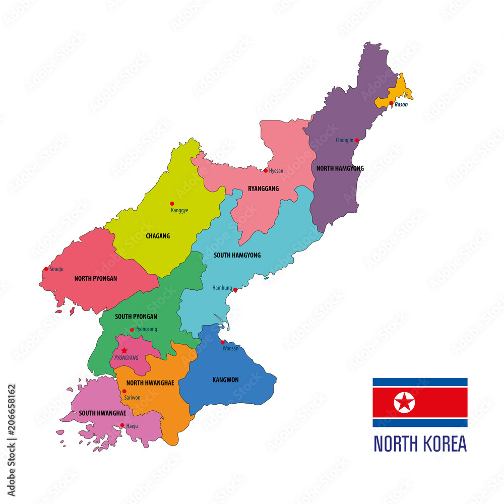 North Korea map with regions and their capitals Stock Vector | Adobe Stock