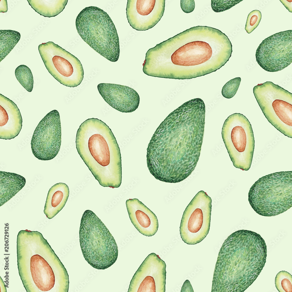 Ripe avocado sectional view chaotic seamless pattern. Watercolour ...
