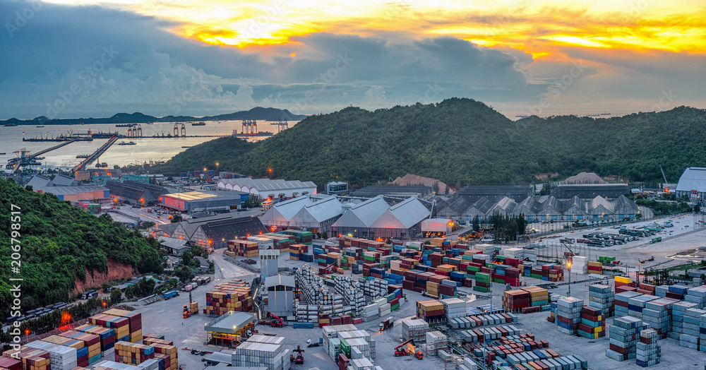 panarama view of container yard in tranfering the containers shipment ...