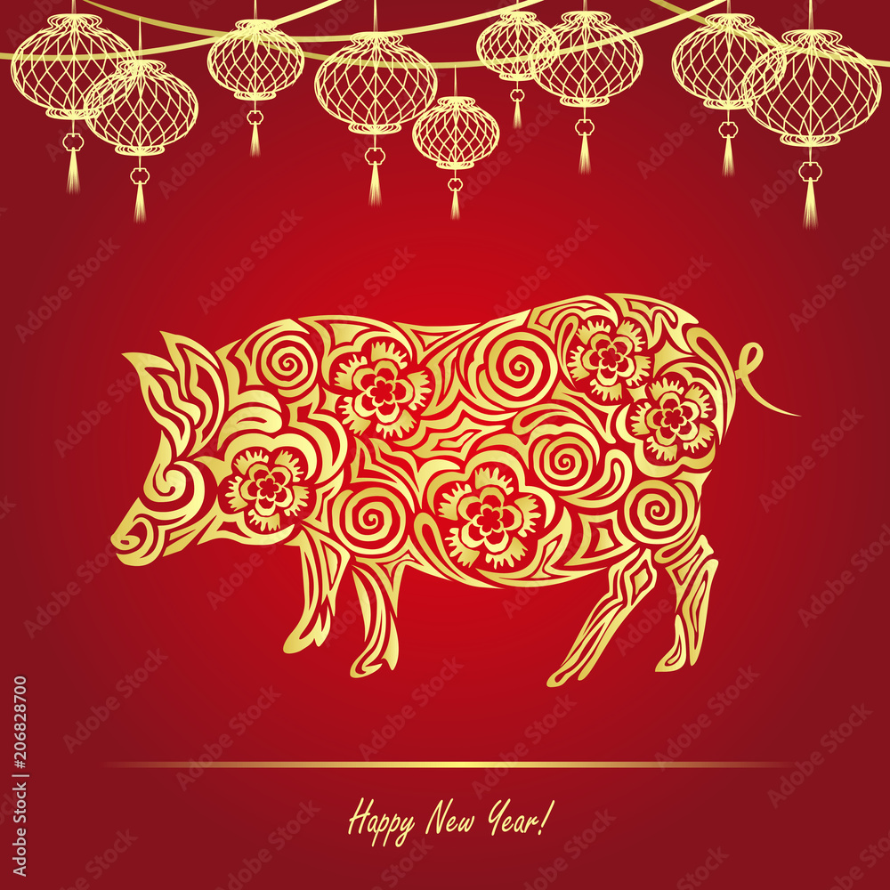 2019 Chinese New Year (year of the pig). Vector illustration with pig ...