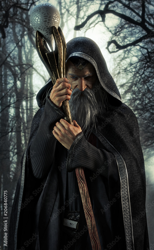 Evil Warlock posing in an enchanted dark forest. 3d rendering Stock ...