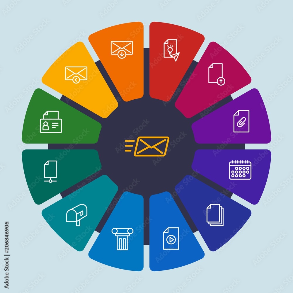 files, email, education Infographic Circle outline Icons Set. Contains ...