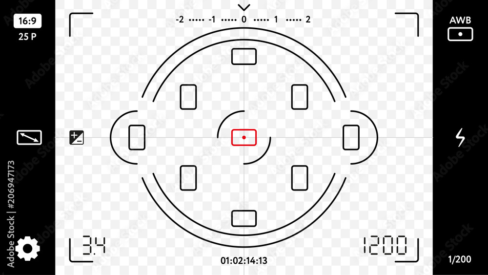 Blank photo camera viewfinder grid with exposure, zoom zone and options ...