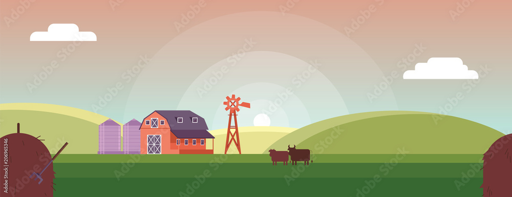 Countryside skyline with sunset or sunrise - agricultural horizontal ...