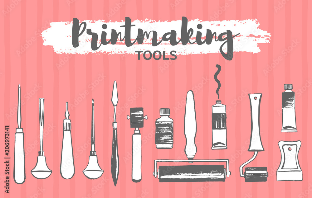Linocut, woodcut supplies, printmaking tools flat lay hand drawn ...