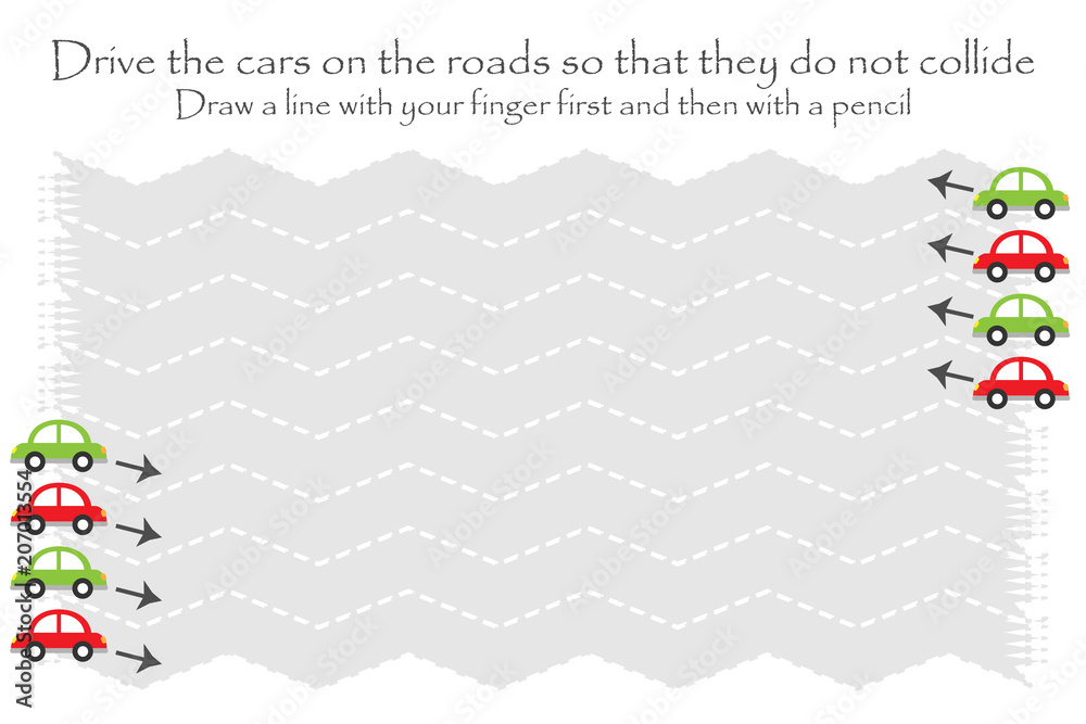 Drive the cars on the road in two directions, zigzag handwriting ...