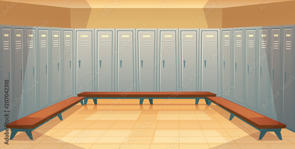 Vector cartoon background with rows of individual lockers, empty ...