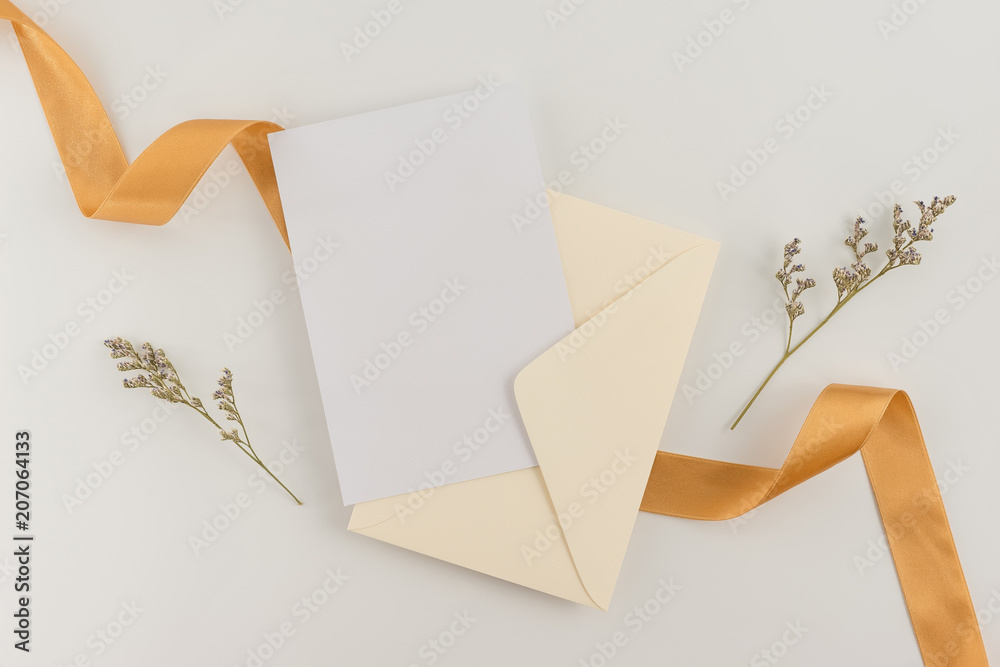 A wedding concept. Wedding Invitation, envelopes, cards Papers on white ...