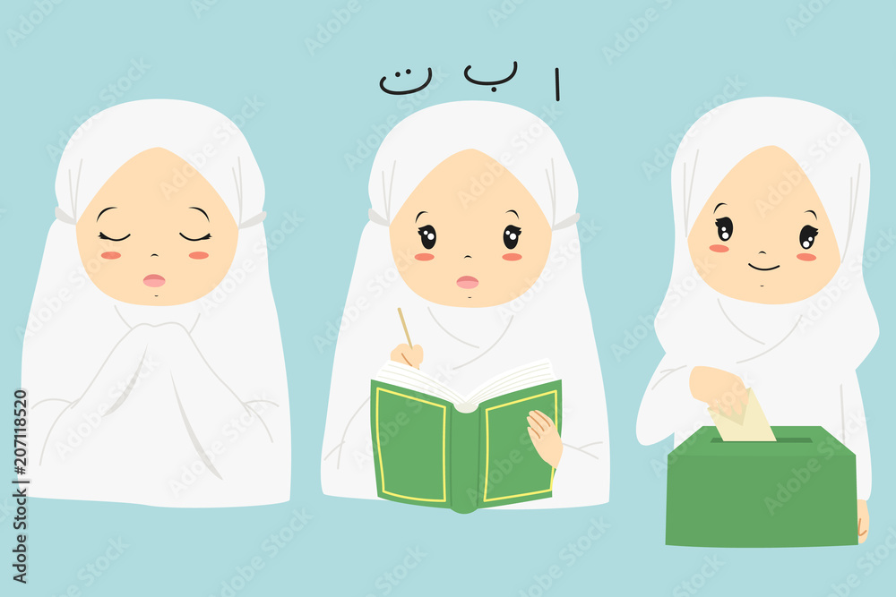 Muslim kids cartoon vector set. Muslim girl praying, reading Quran, and ...