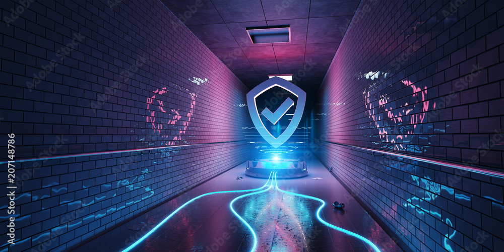 Ilustración de Stock Underground cyber security hologram with digital shield 3D rendering ...