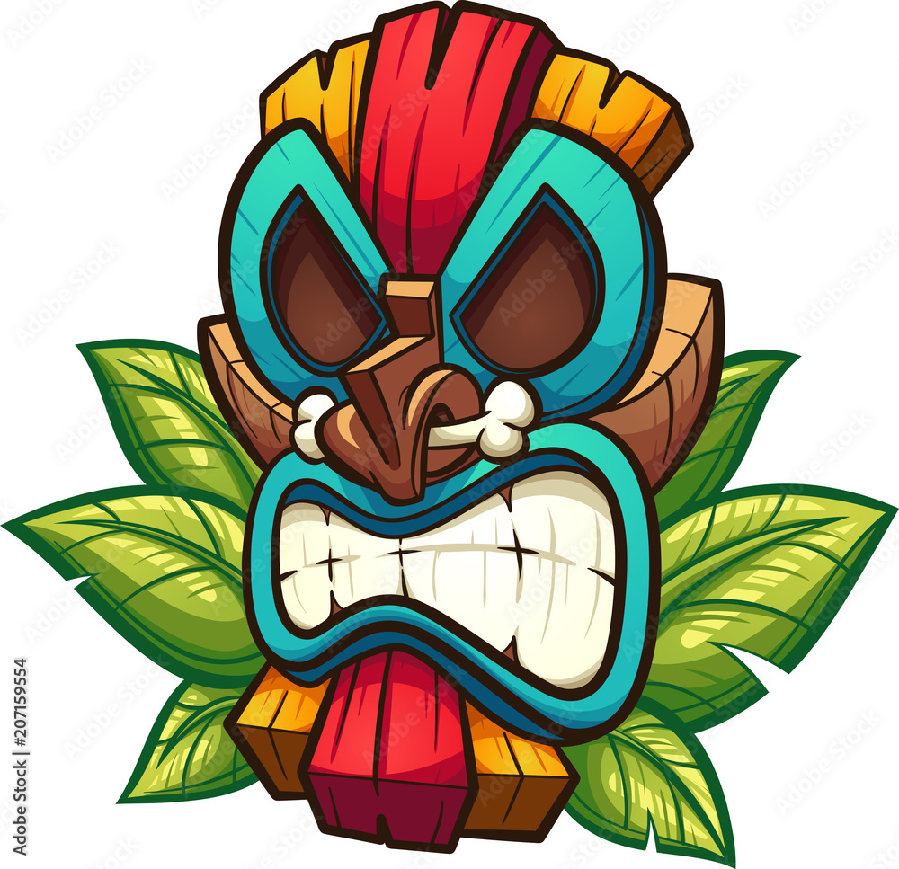 Cartoon colorful tiki mask with leaves. Vector clip art illustration ...