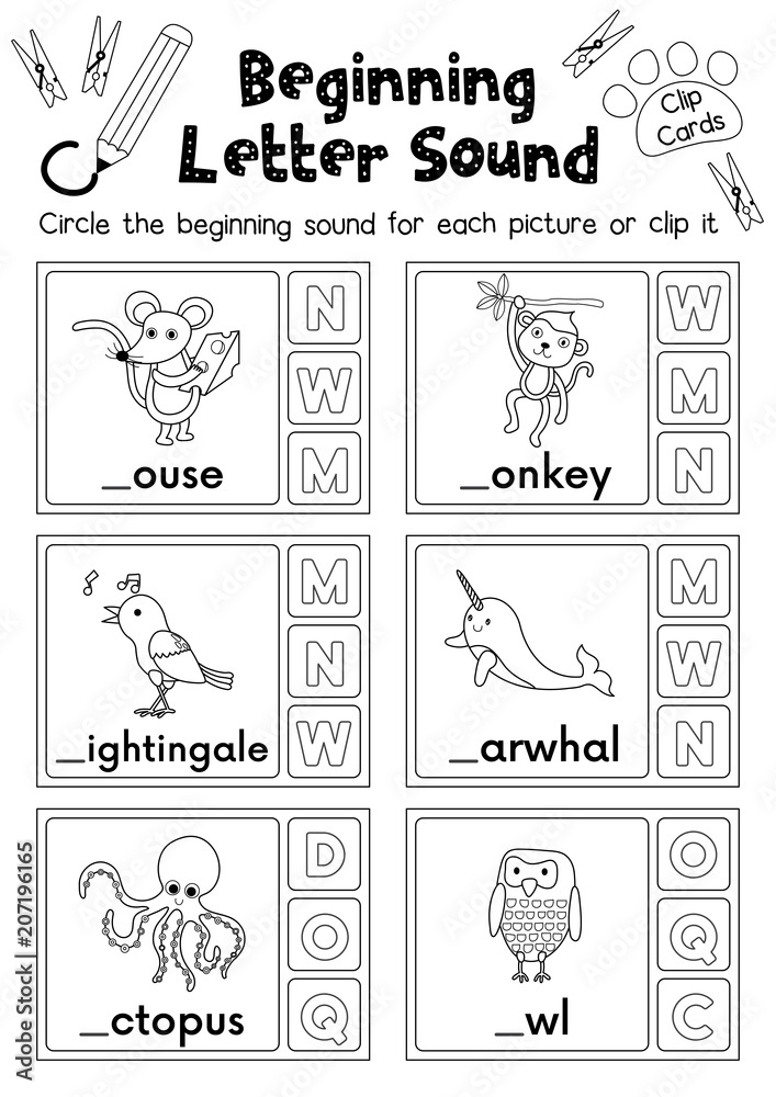 Clip cards matching game of beginning letter sound M, N, O for ...